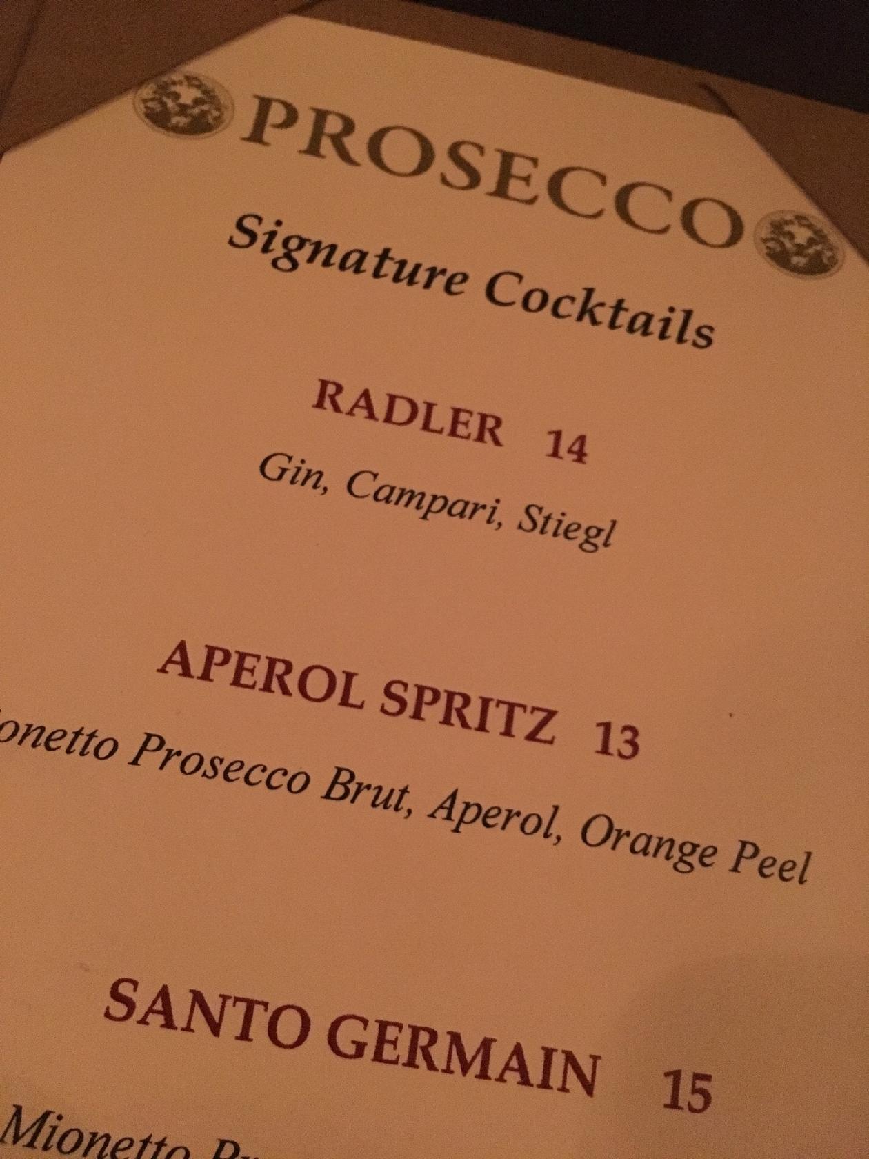 Menu at Prosecco pub & bar, Chicago