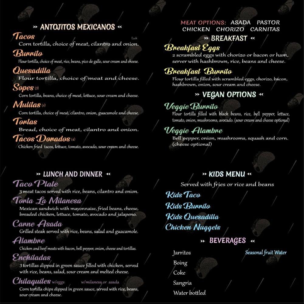 Menu at Raining Tacos Mexican Food Truck restaurant, Renton