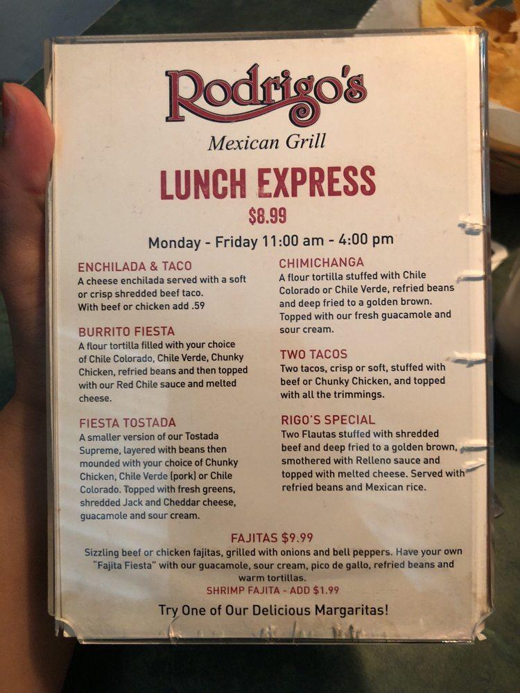 Menu at Rodrigo's Mexican Grill restaurant, Tustin