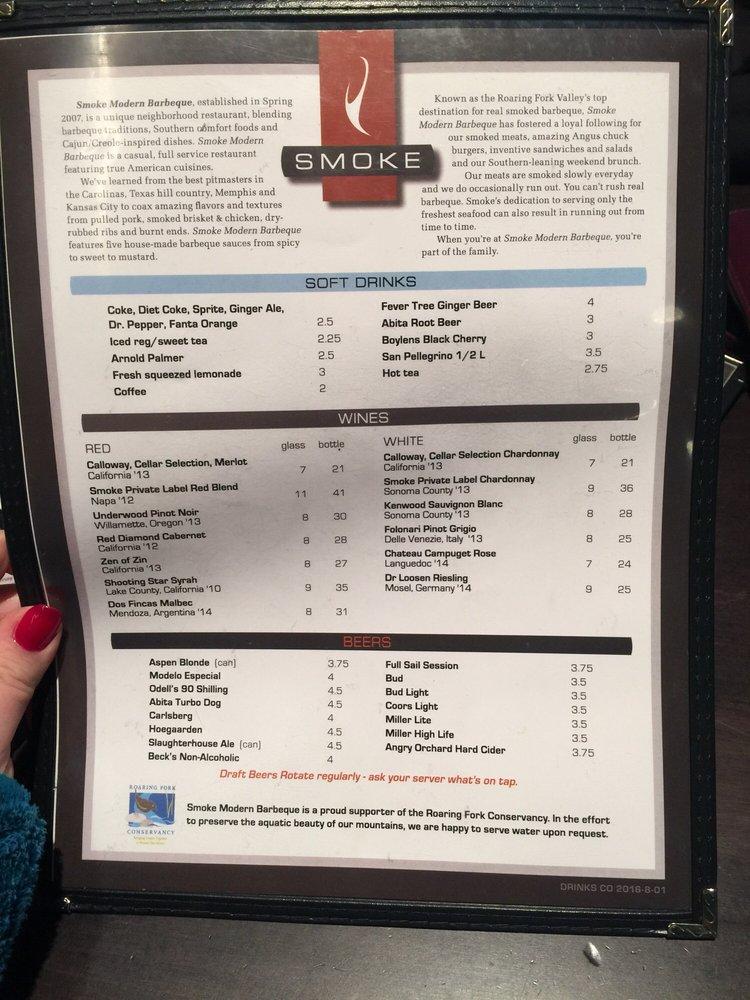 Menu at Smoke Modern BBQ, Glenwood Springs