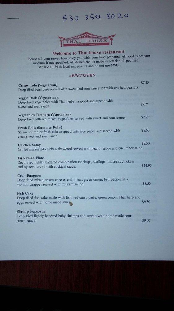 Menu at Thai House restaurant, Cameron Park