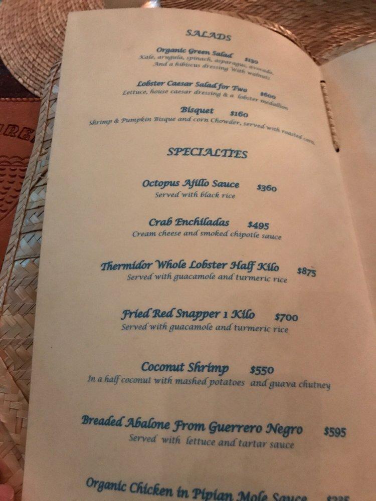 Menu at Tres Sirenas restaurant, Cabo San Lucas