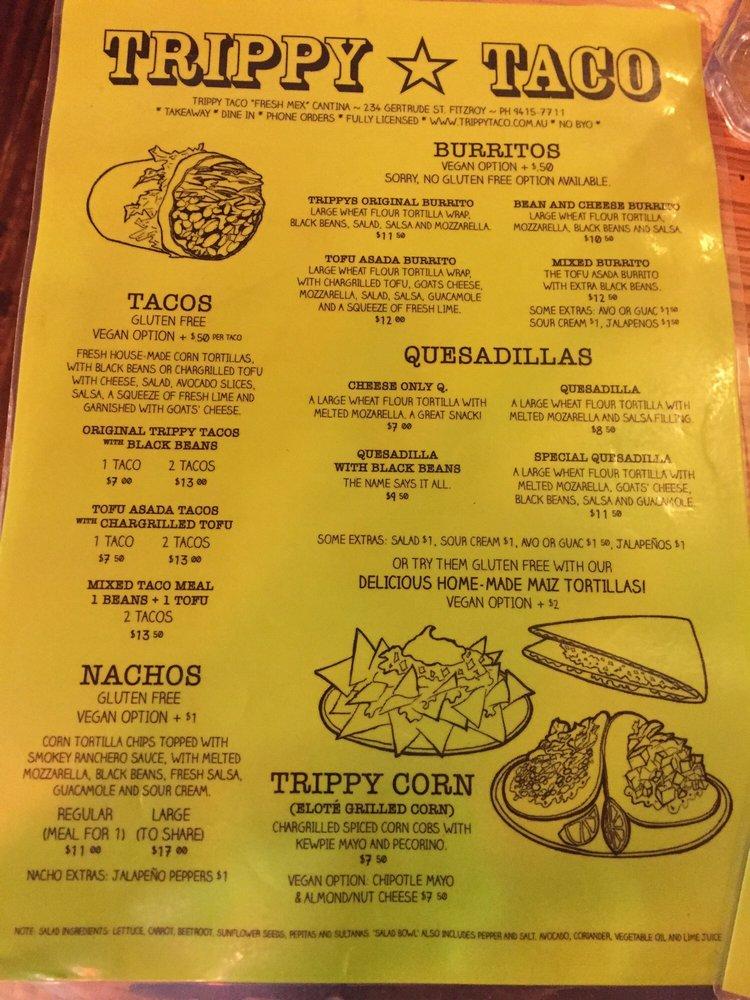 Menu at Trippy Taco restaurant, Fitzroy, 234 Gertrude St