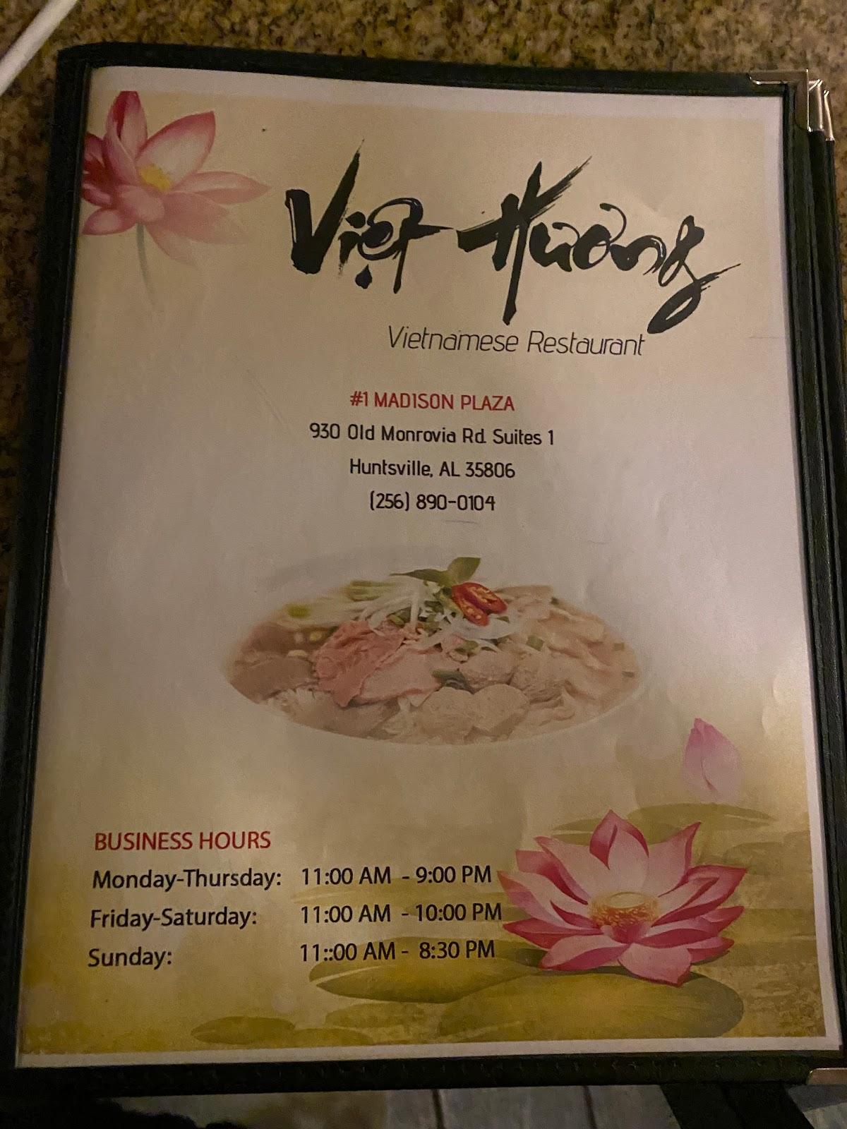 Menu at Viet Huong restaurant, Huntsville