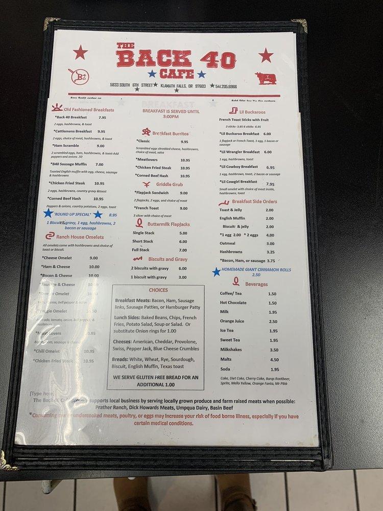 Menu at Back 40 Cafe, Klamath Falls