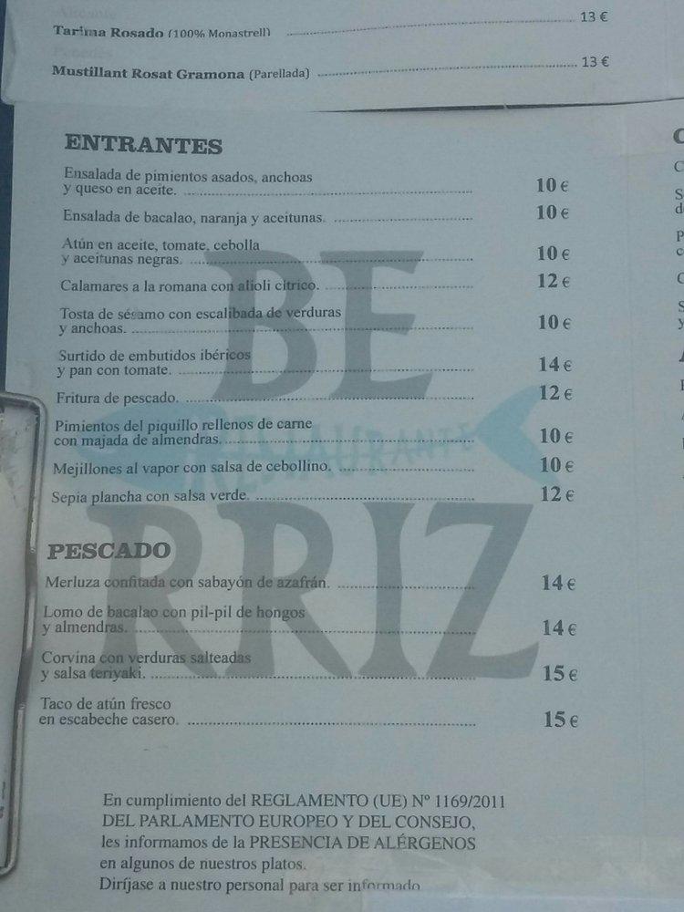 Carta del pub y bar Berriz, Oropesa