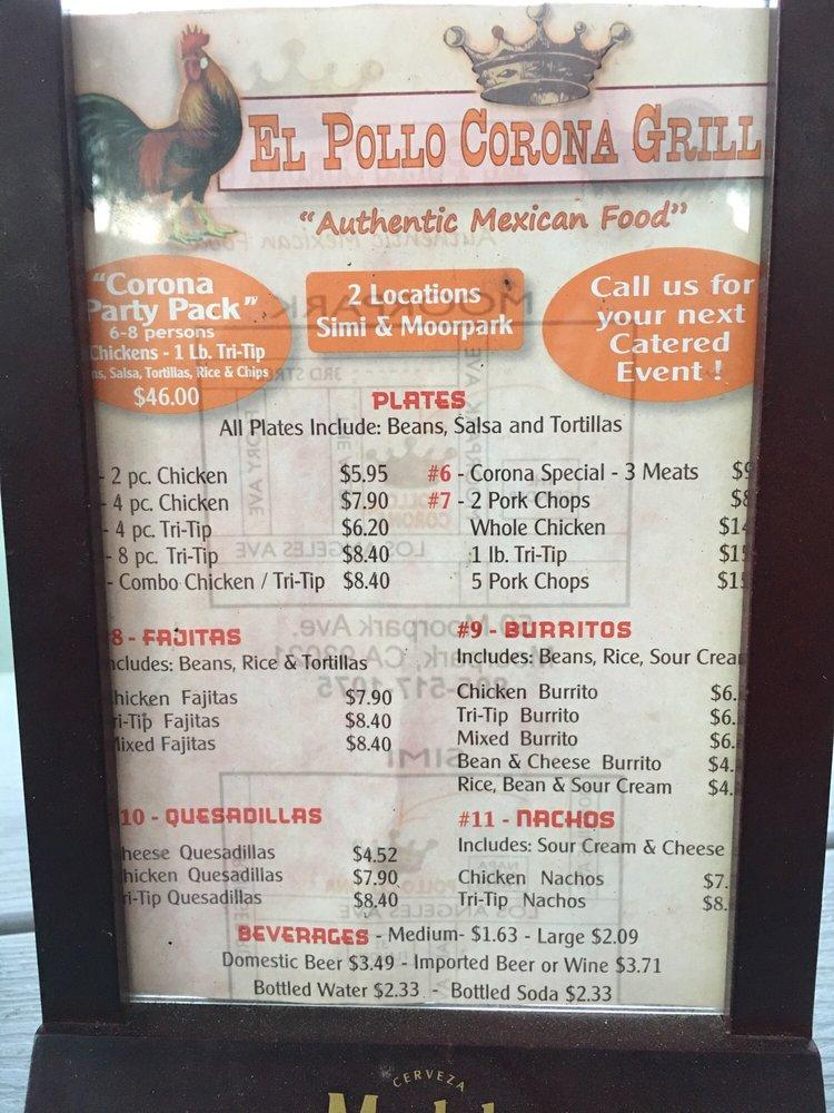 Menu at El Pollo Corona Grill restaurant, Moorpark