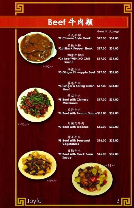 Menu at Joyful Restaurant, Christchurch, 102 Riccarton Rd