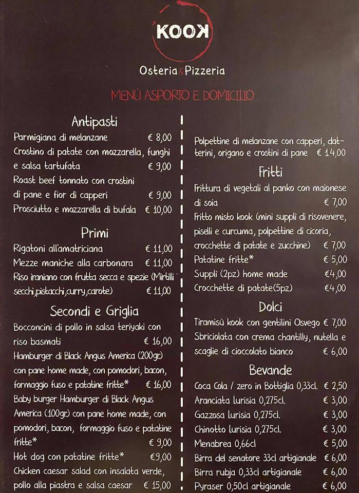 Menu at Kook restaurant, Rome, Via Cassia