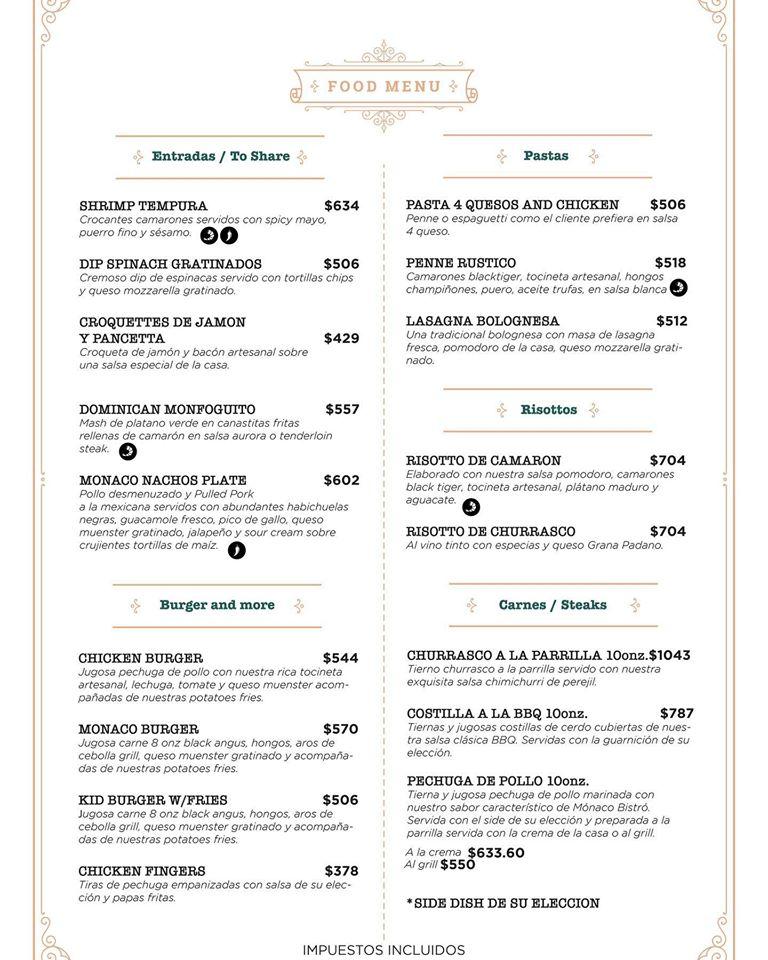 Menu at Mónaco Bistro restaurant, Santo Domingo Este, 48 c
