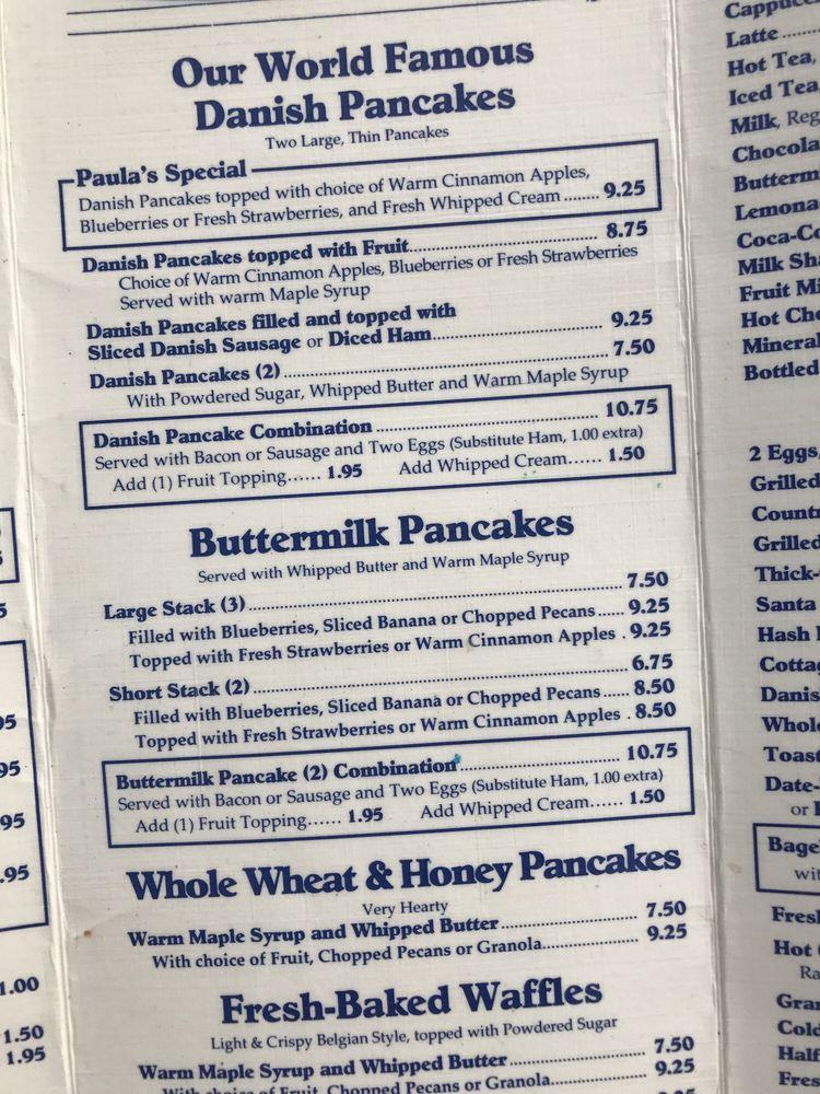 Menu at Paula's Pancake House cafe, Solvang