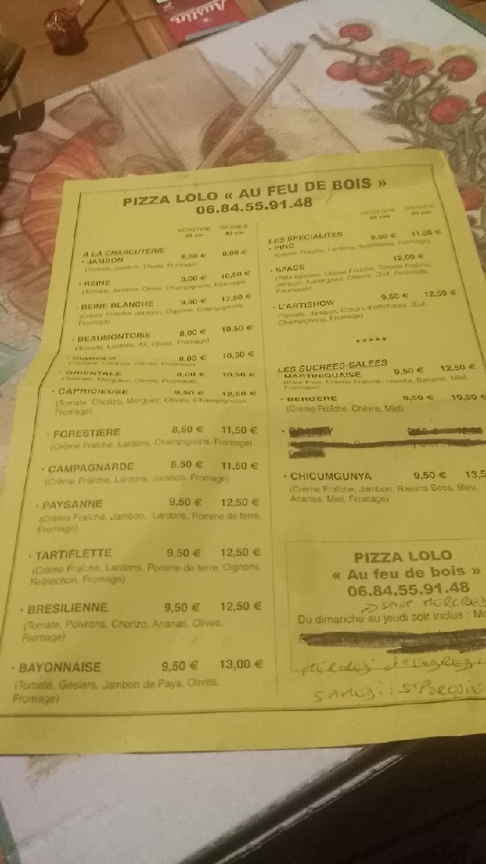 Menu at Pizza Lolo pizzeria, Montech