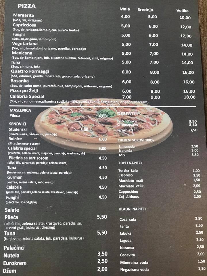 Menu at Pizzeria Calabria, Sarajevo