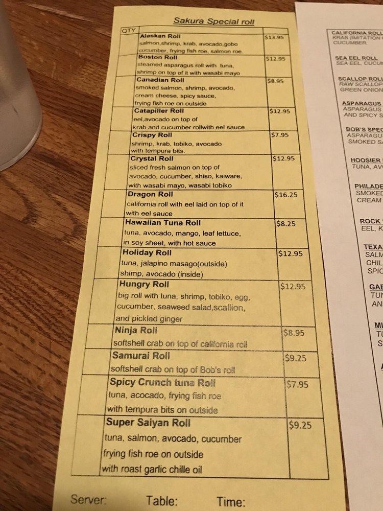 Menu at Sakura restaurant, Indianapolis