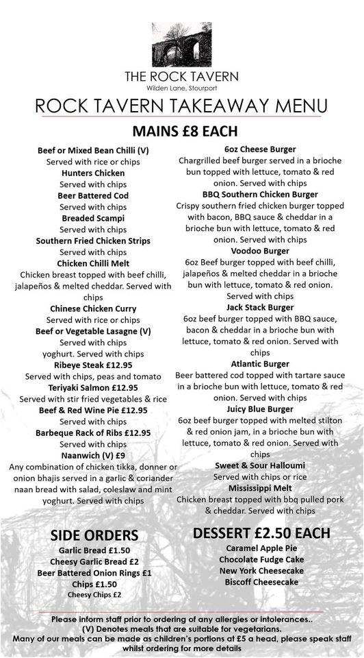 Menu at The Rock Tavern pub & bar, Stourport-on-Severn