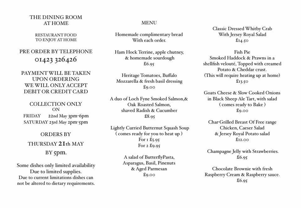 Menu at The Dining Room restaurant, Boroughbridge