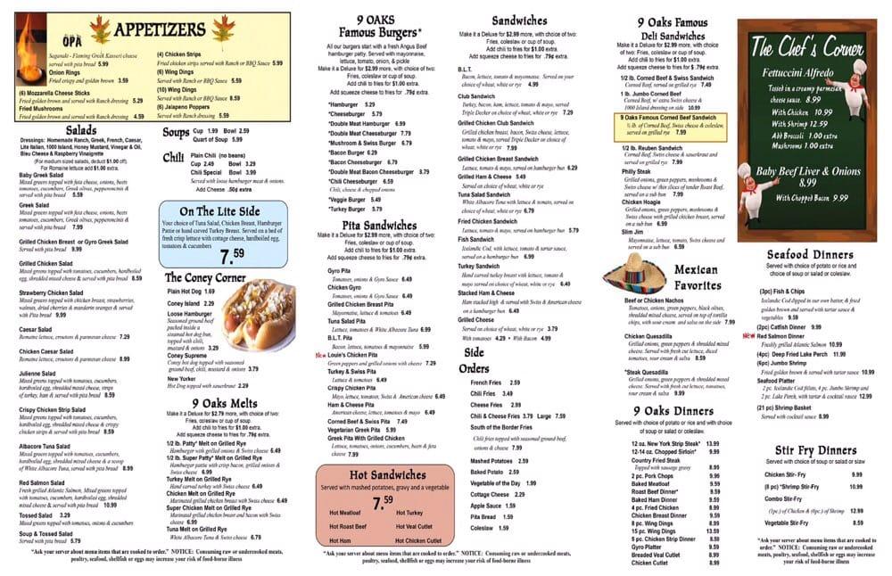 Menu at 9 Oaks Grill restaurant, Oak Park