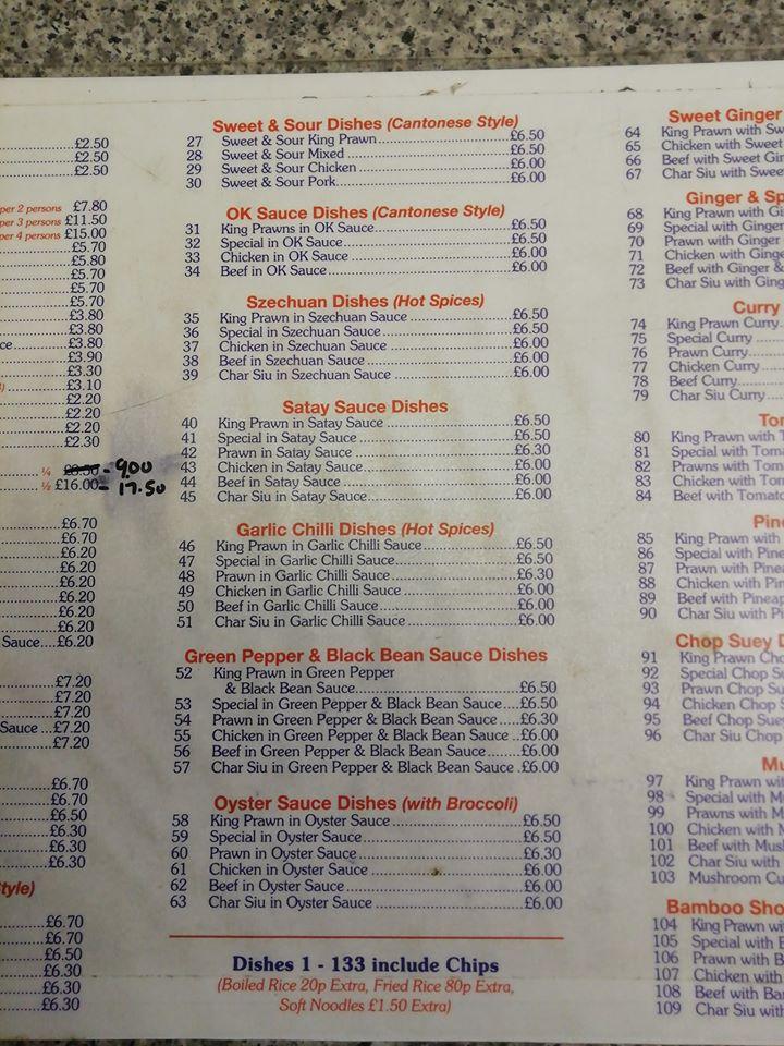 Menu at Golden Fish fast food, Hebden Bridge