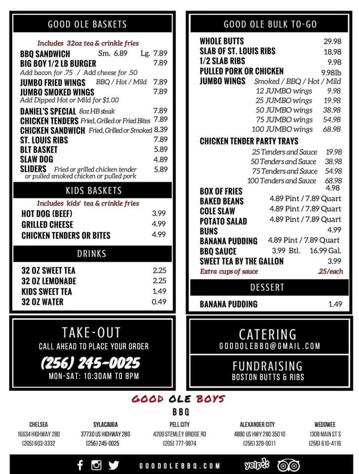 Menu at Good Ole Boys BBQ, Alexander City