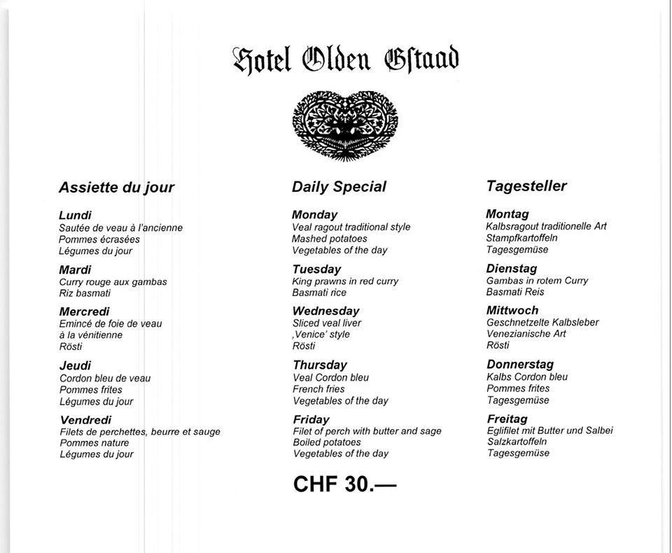 Menu at Hotel Olden, Gstaad, Promenade 35