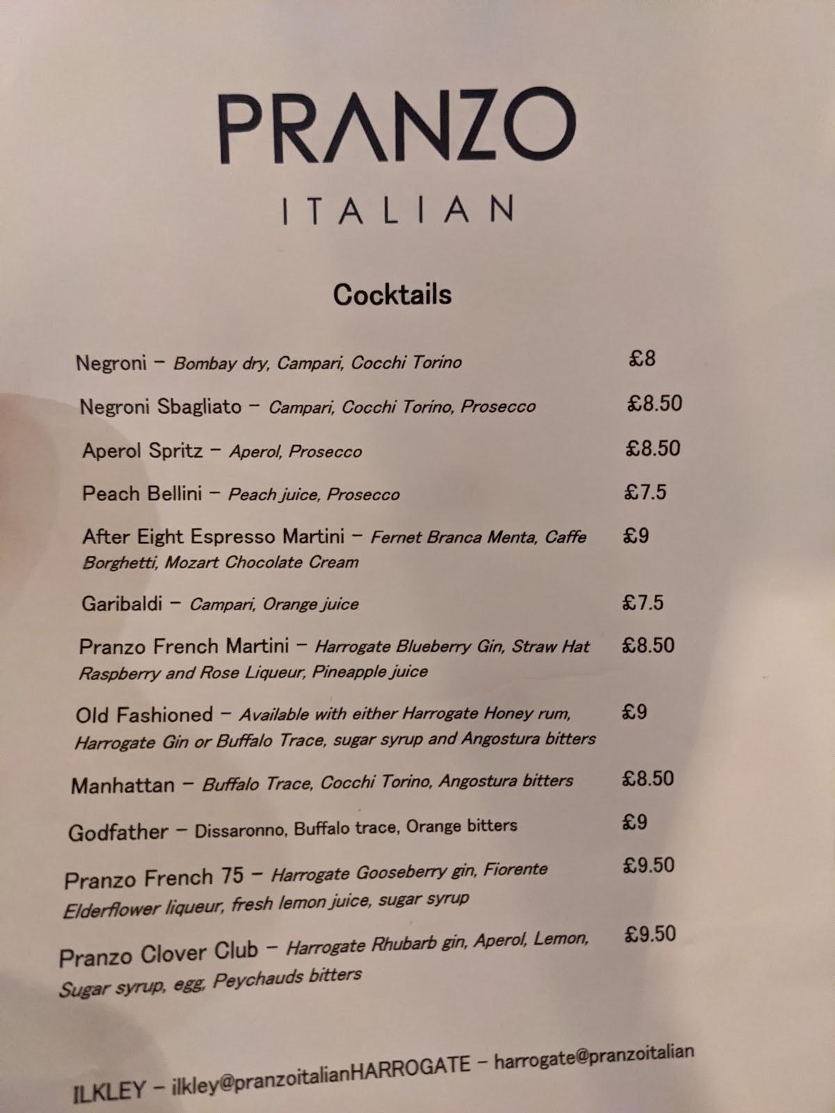 Menu at Pranzo Italian Harrogate restaurant, Harrogate