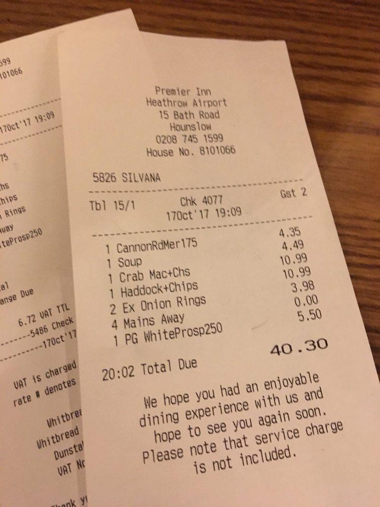 Menu at Premier Inn restaurant, London
