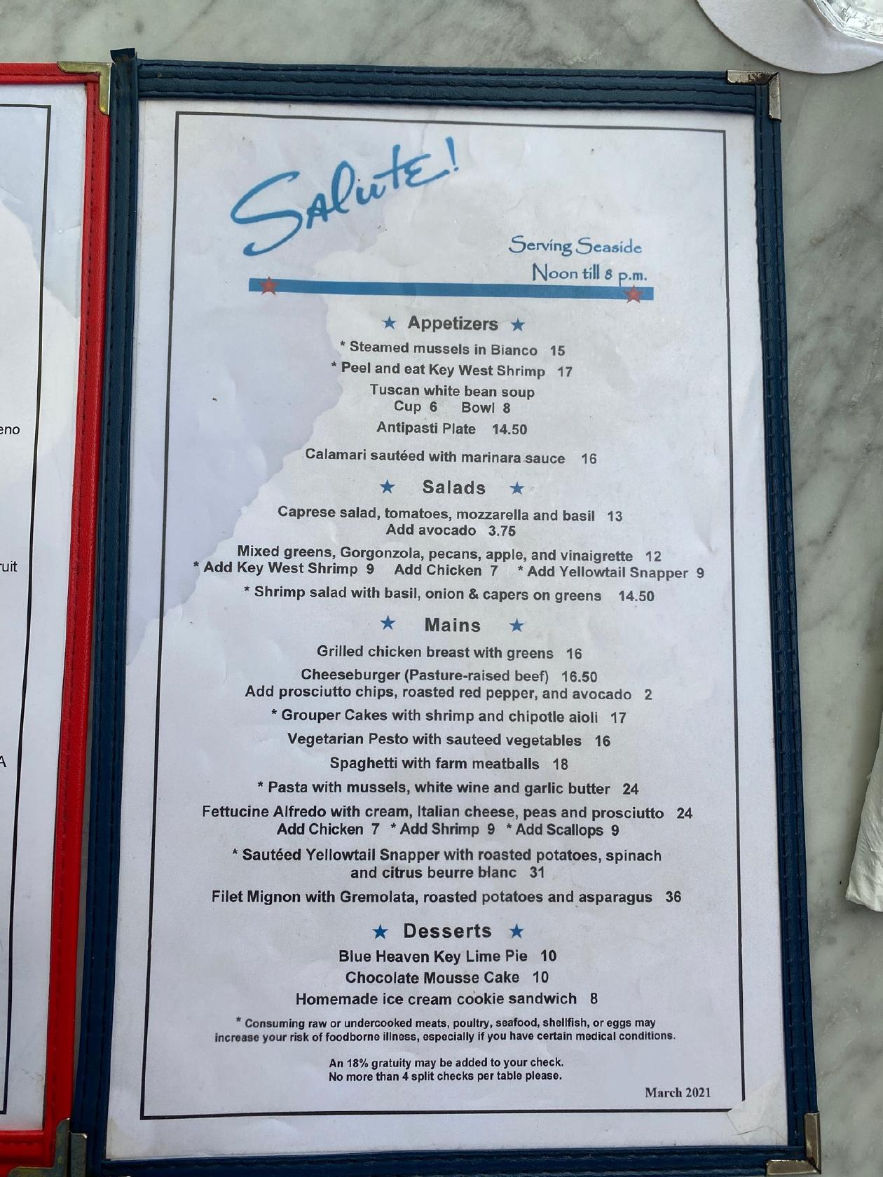 Menu at Salute! On The Beach restaurant, Key West