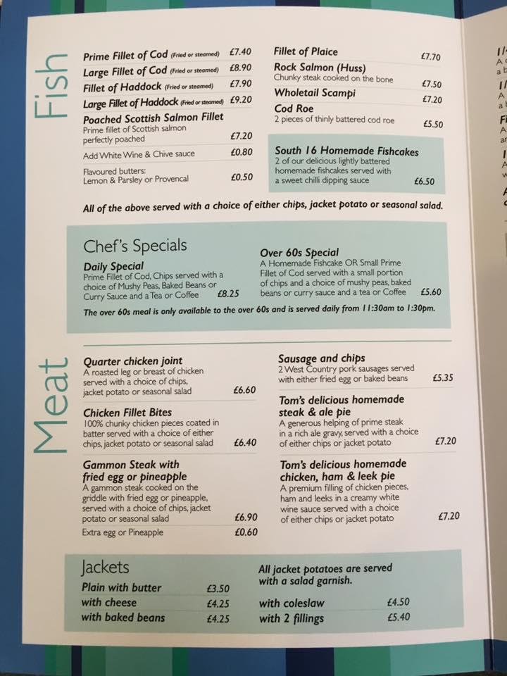 Menu at South 16 restaurant, Braunton