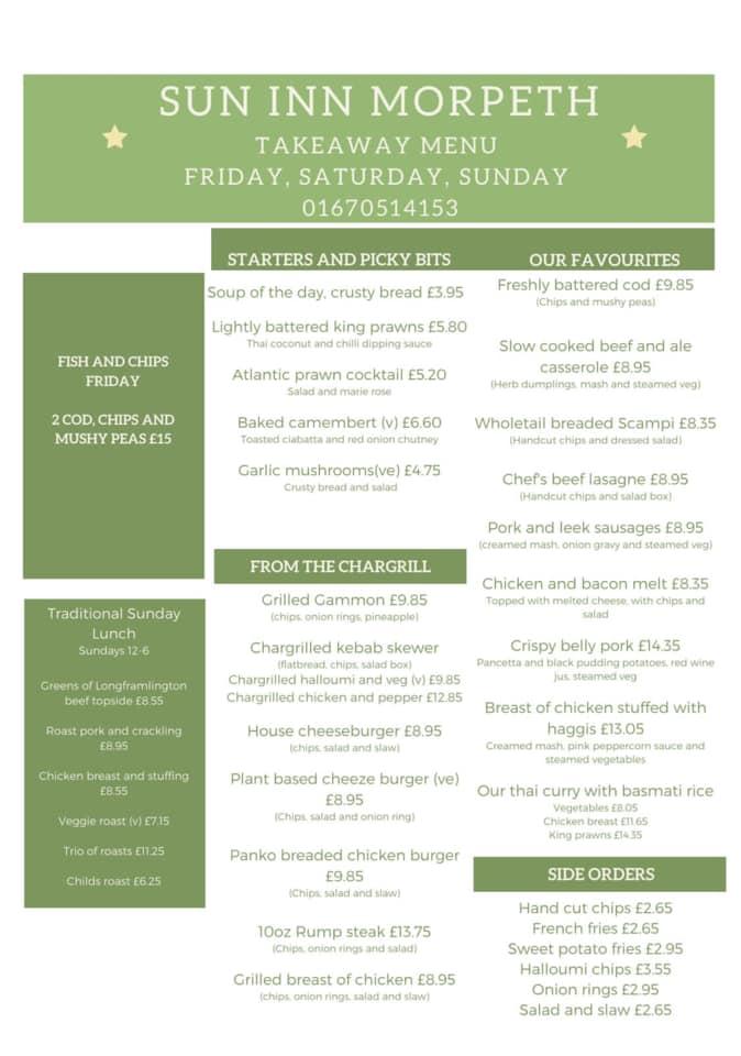 Menu at Sun Inn pub & bar, Morpeth