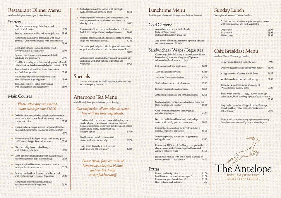 Menu at The Antelope pub & bar, Mold, Denbigh Road