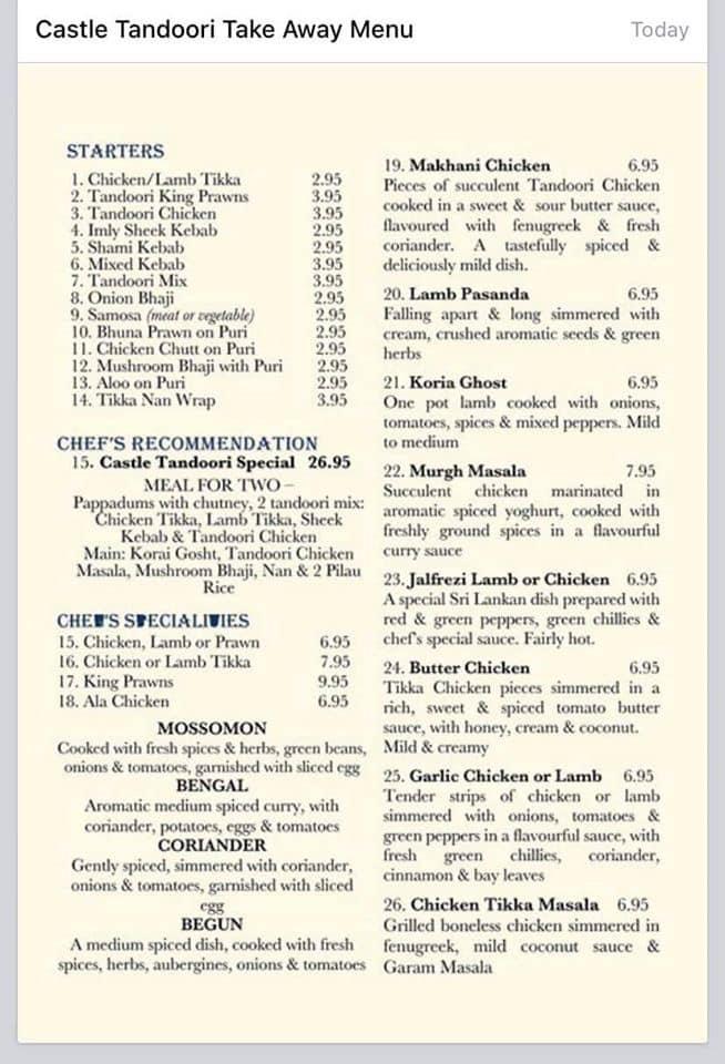 Menu at Castle Tandoori Chirk restaurant, Chirk