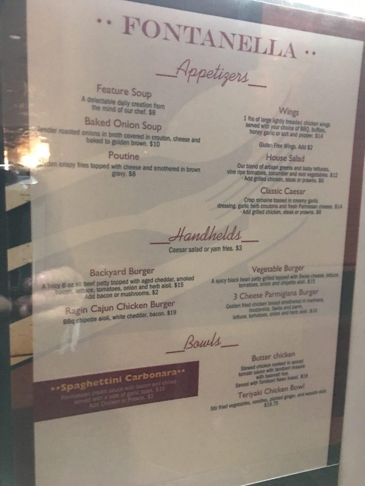 Menu at Fontanella restaurant, Calgary