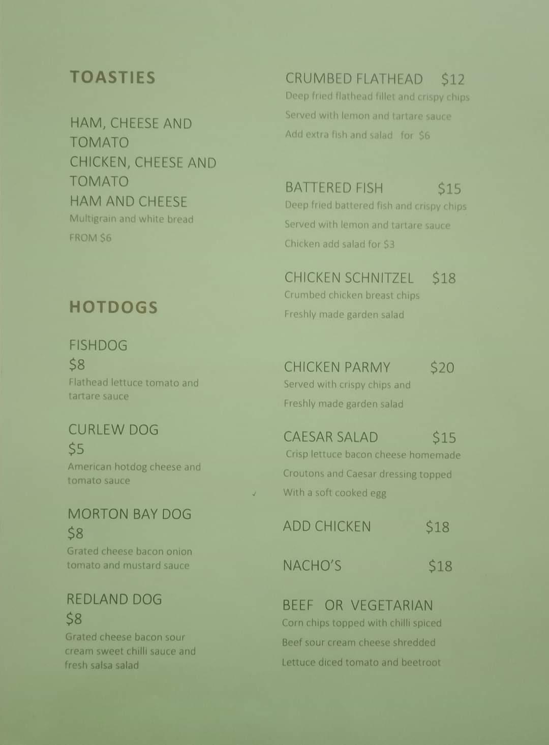 Menu at The Bayview Cafe on Russell, Russell Island