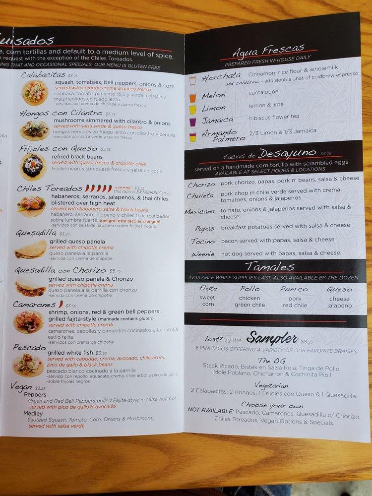 Menu at Guisados restaurant, Pasadena