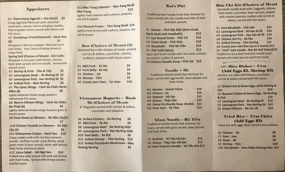 Menu at Kai Vietnamese Cuisine restaurant, Tulsa
