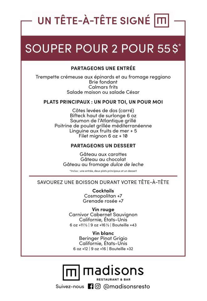 Menu at Madisons Restaurant & Bar, Boucherville, Rue Volta