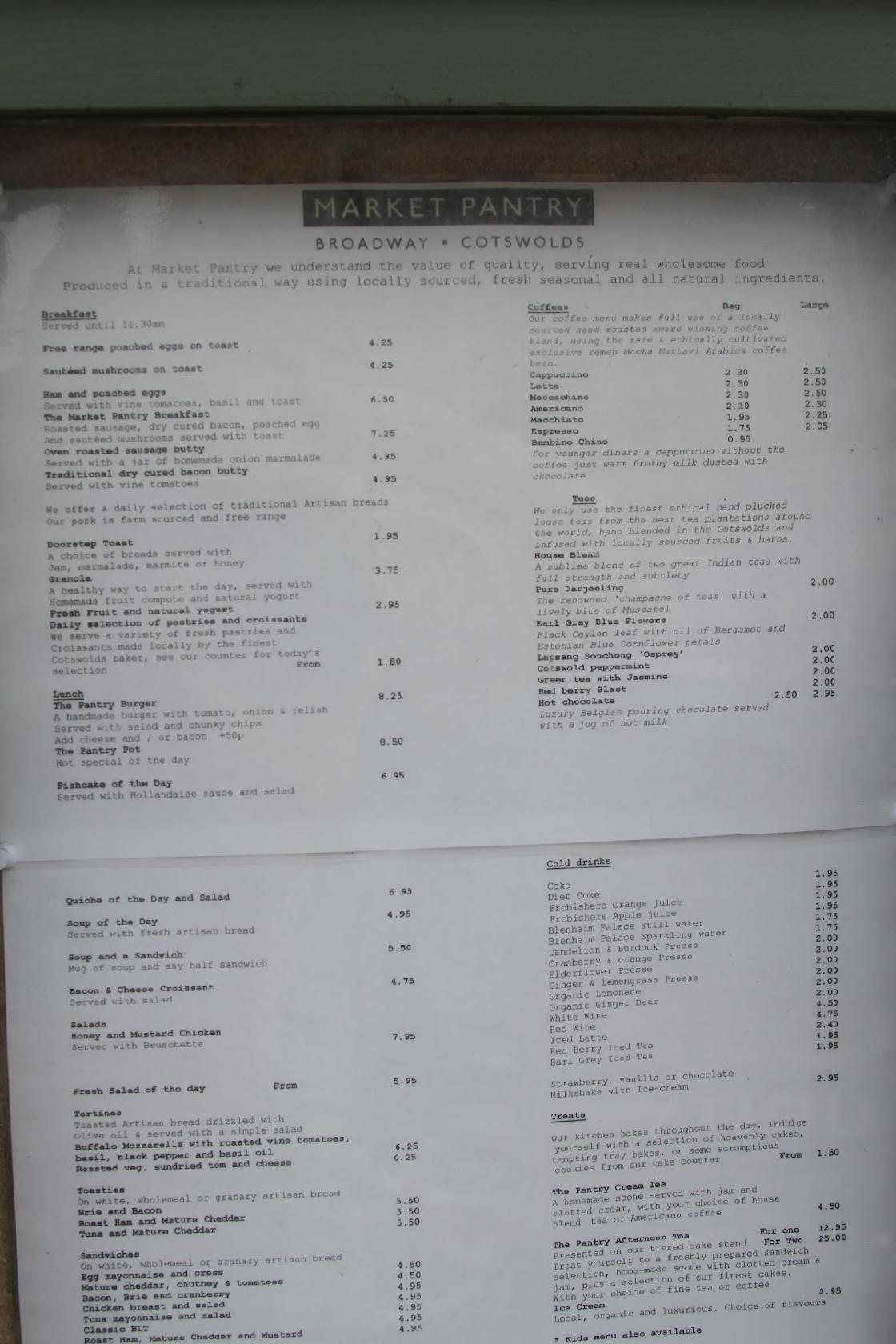 Menu at Market Pantry cafe, Broadway