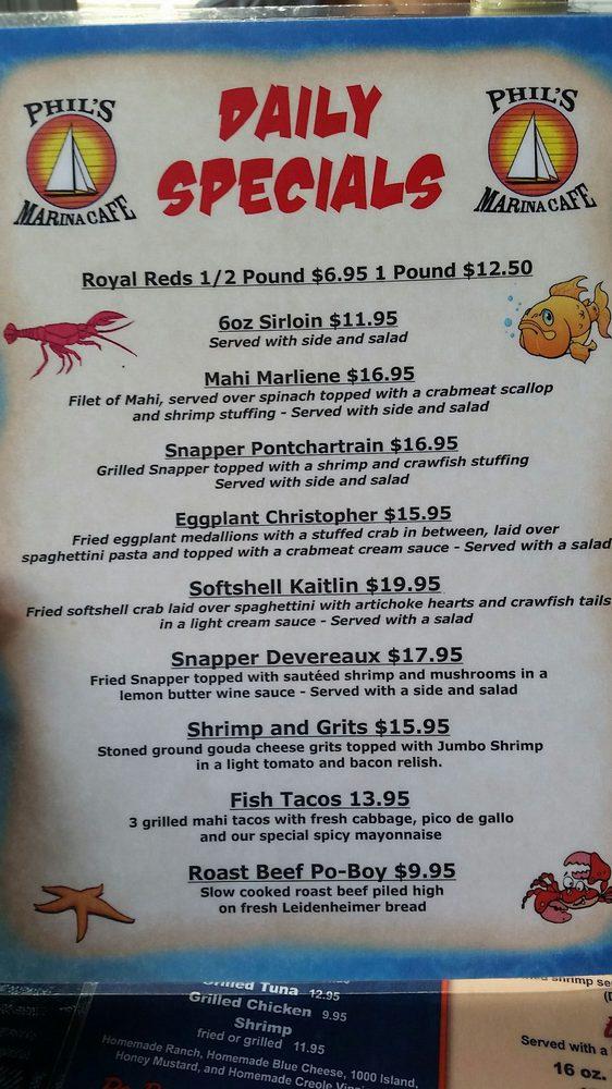 Menu at Phil's Marina Cafe, Slidell