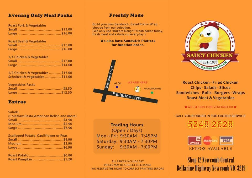 Menu at Saucy Chicken restaurant, Newcomb, 12/71-77 Bellarine Hwy