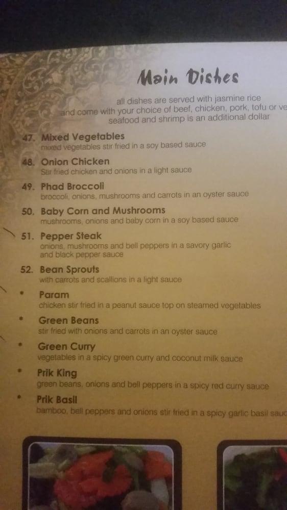 Menu at Thai House restaurant, Sebring