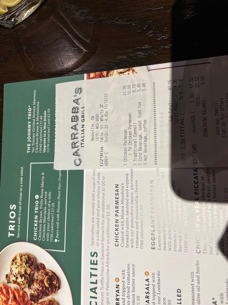 Menu at Carrabba's Italian Grill restaurant, Nashville, Green Hills ...