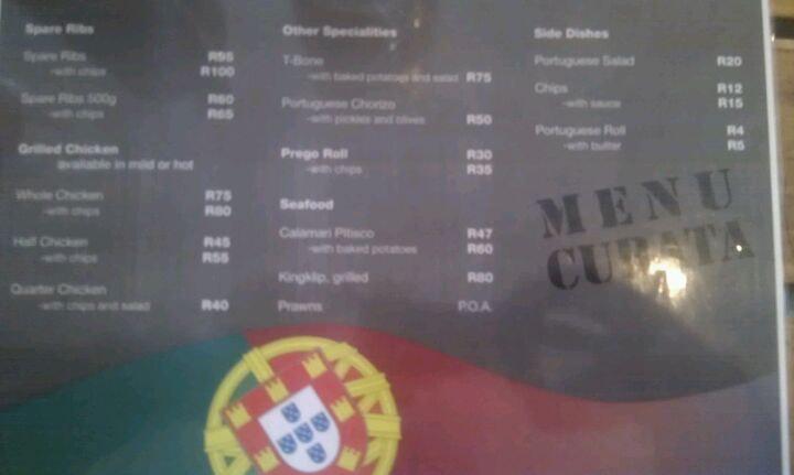 Menu at Cubata Portuguese Grill House restaurant, Port Elizabeth