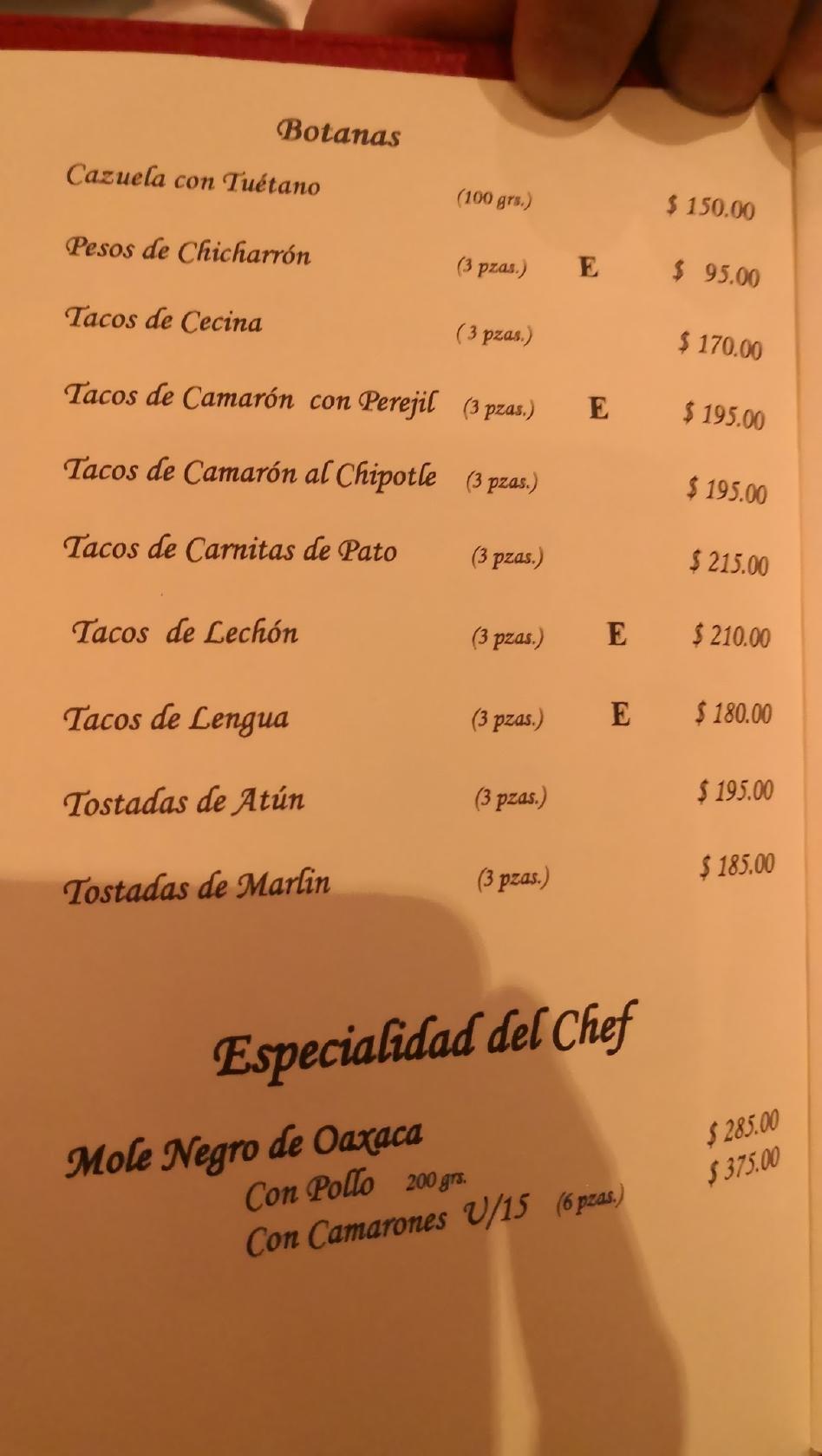 Menu at Estoril Polanco restaurant, Mexico City, Alejandro Dumas 24