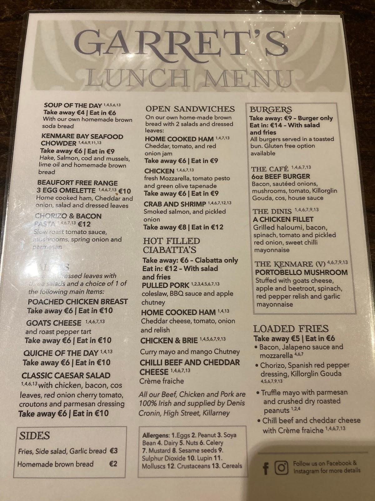 Menu at Garret’s restaurant, Killarney