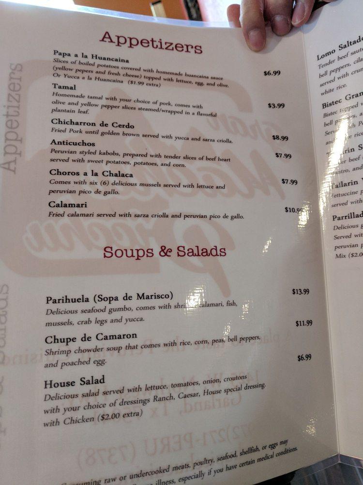 Carta del restaurante Gran Machu Picchu, Garland