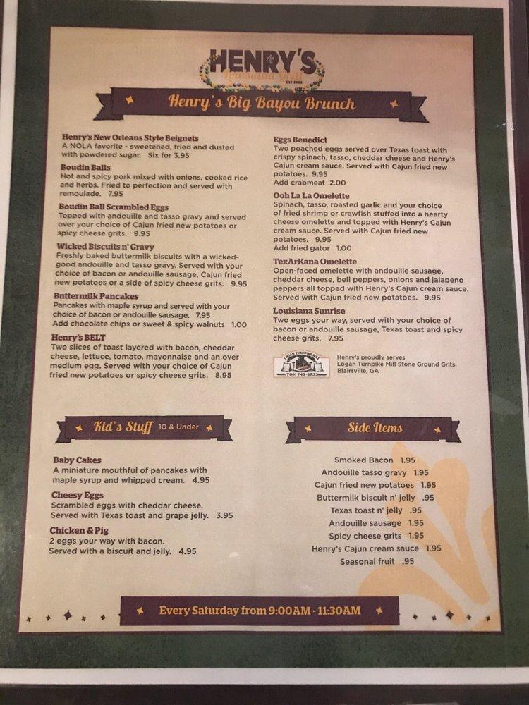 Menu at Henry's Louisiana Grill restaurant, Acworth
