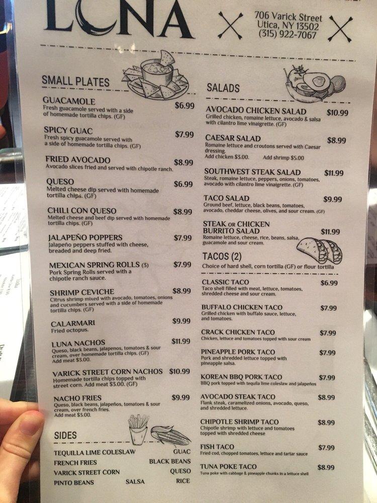 Menu at LUNA pub & bar, Utica