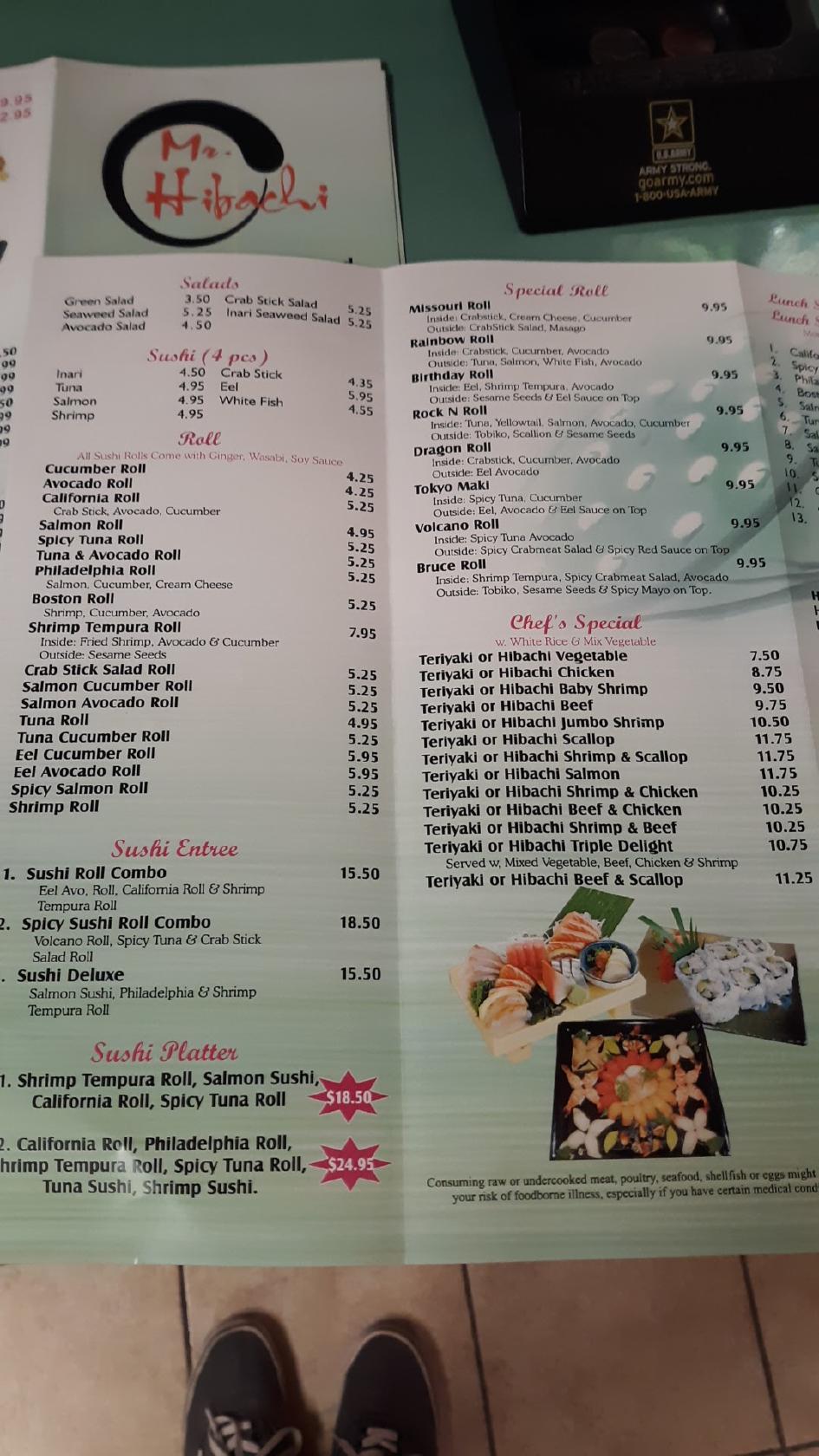 Menu at Mr Hibachi restaurant, Blue Springs, 726 MO-7