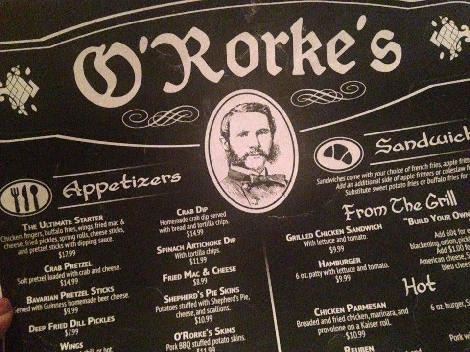 Menu at O'Rorke's Family Eatery pub & bar, Gettysburg
