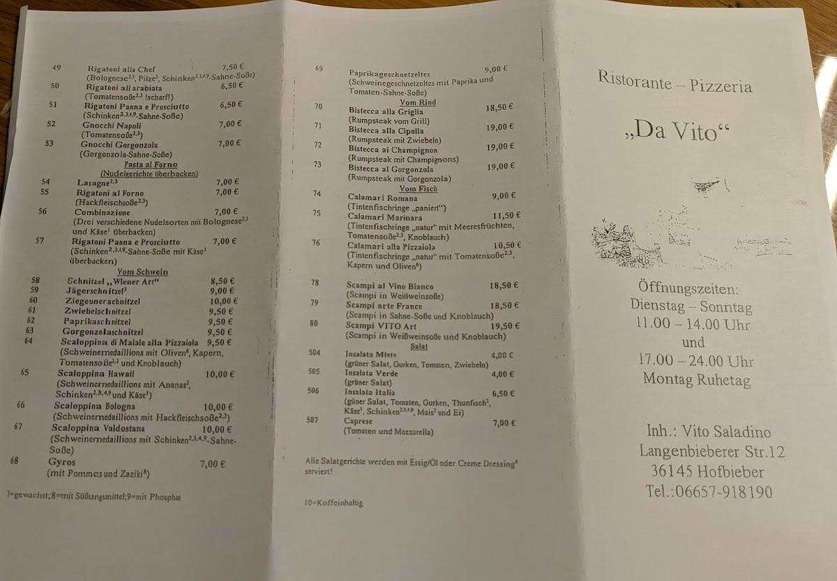 Speisekarte von Pizzeria & Ristorante Da Vito, Hofbieber